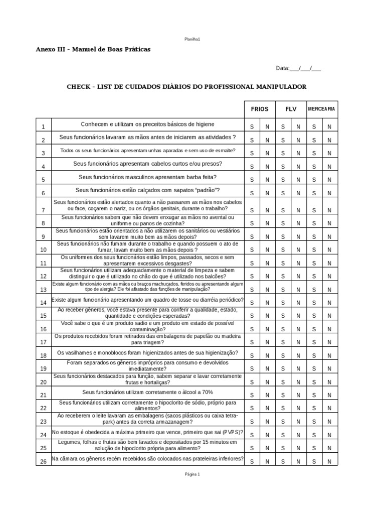 Check List Boas Práticas de Alimentos - Excel | PDF