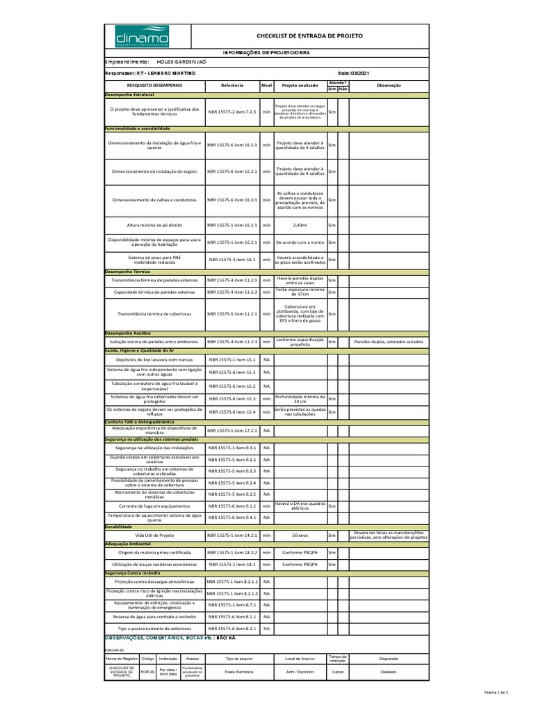 FOR.49 - Checklist de Entrada de Projeto House Garden Jaó | PDF | Natureza