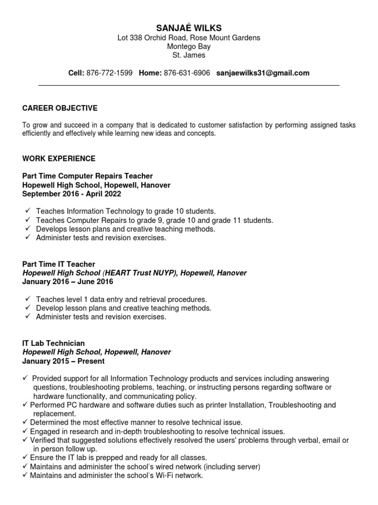 S. Wilks Resume | PDF | Troubleshooting | Lesson Plan