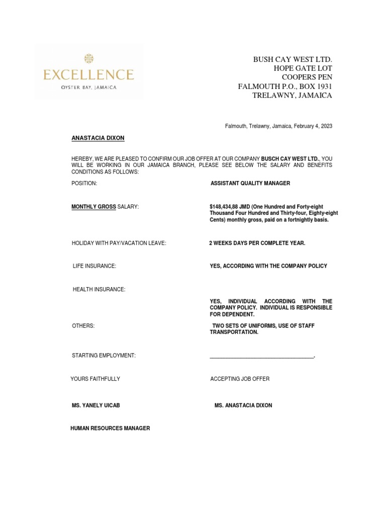 Anastacia Dixon Offer Letter | PDF