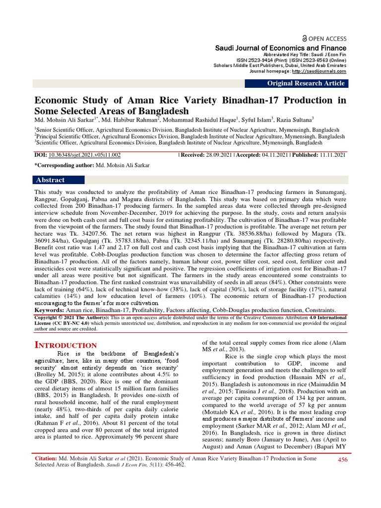 Economic Study of Aman Rice Variety Binadhan-17 Production in Some ...