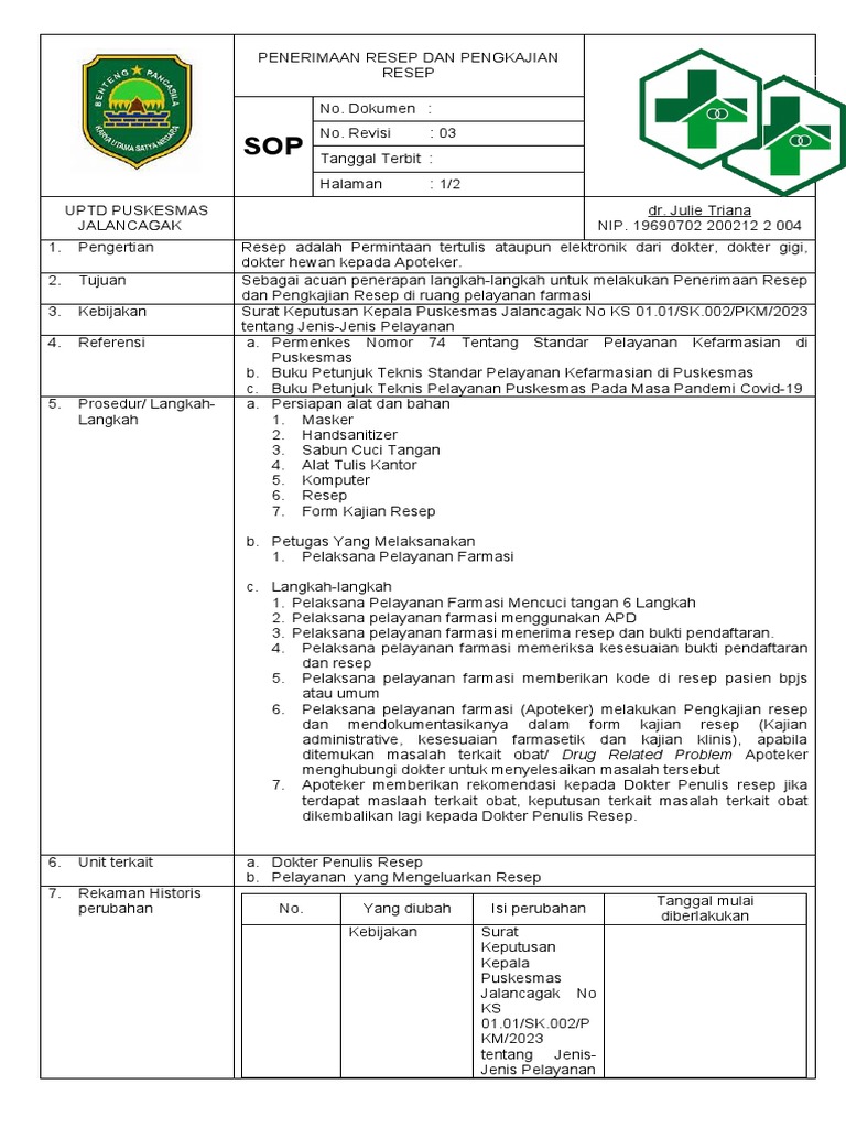 SOP Penerimaan Resep | PDF
