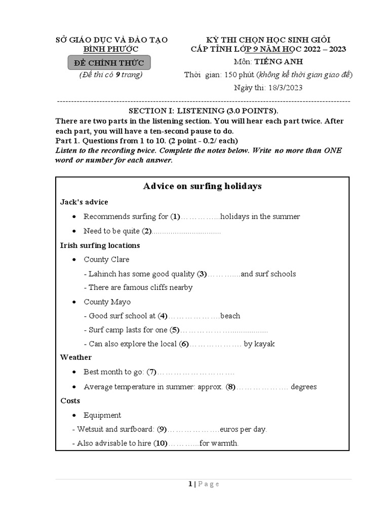 de Thi HSG Tinh Binh Phuoc 2023 | PDF | Atmosphere Of Earth | Atmosphere