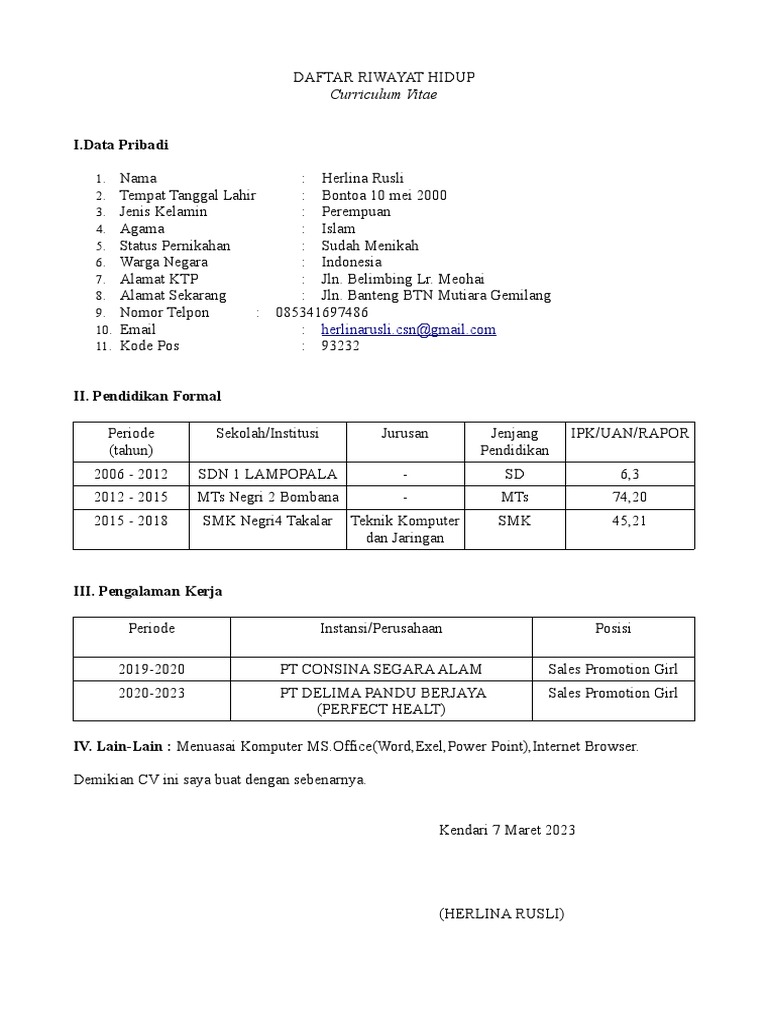 CV Herlina Rusli: Profil dan Pengalaman | PDF