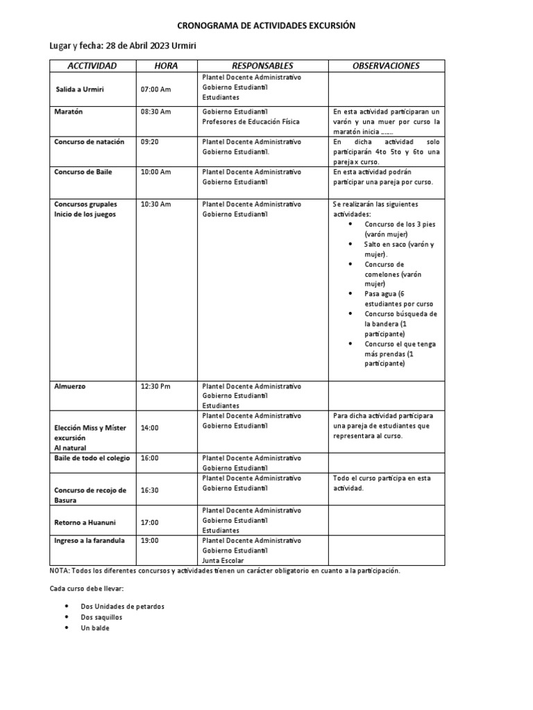 CRONOGRAMA DE ACTIVIDADES EXCURSIÓN | PDF