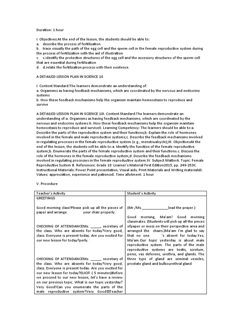 A Detailed Lesson Plan on the Female Reproductive System: Fertilization ...