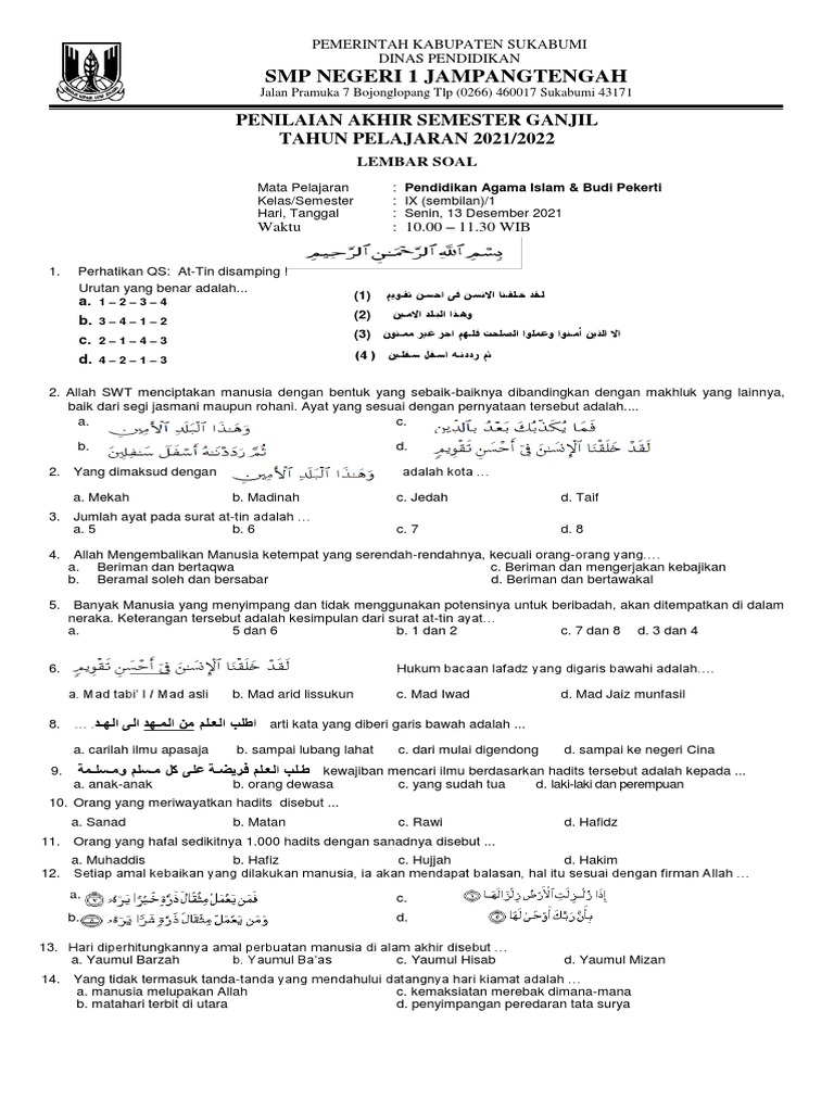 Soal PAS Ganjil PAI 9 TP 2021 - 2022 | PDF