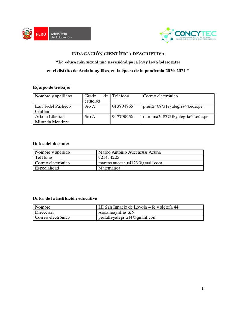 Proyecto de Indagación Científica Descriptiva | PDF | Educación sexual | Sexualidad