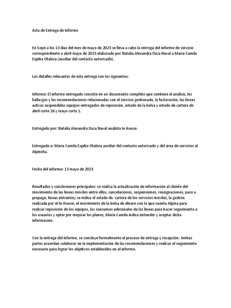 Acta de Entrega de Informe Mayo 2023 | PDF