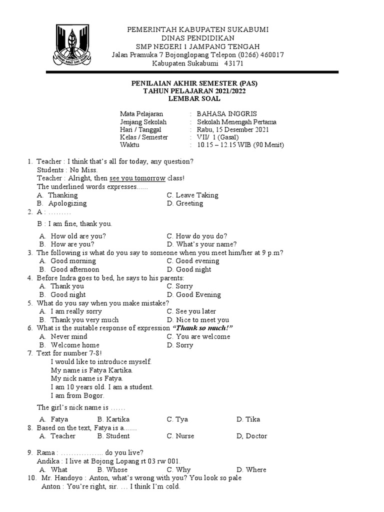 Soal Pas Bahasa Inggris Kelas Vii Luring Pdf