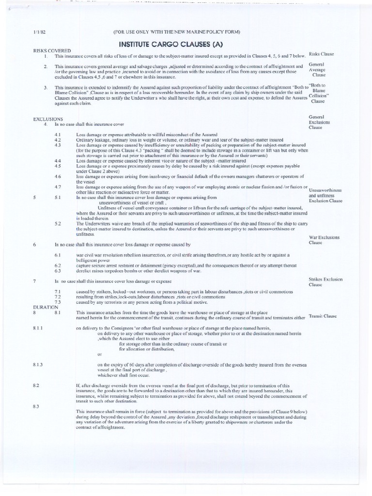 Institute Cargo Clauses A | PDF