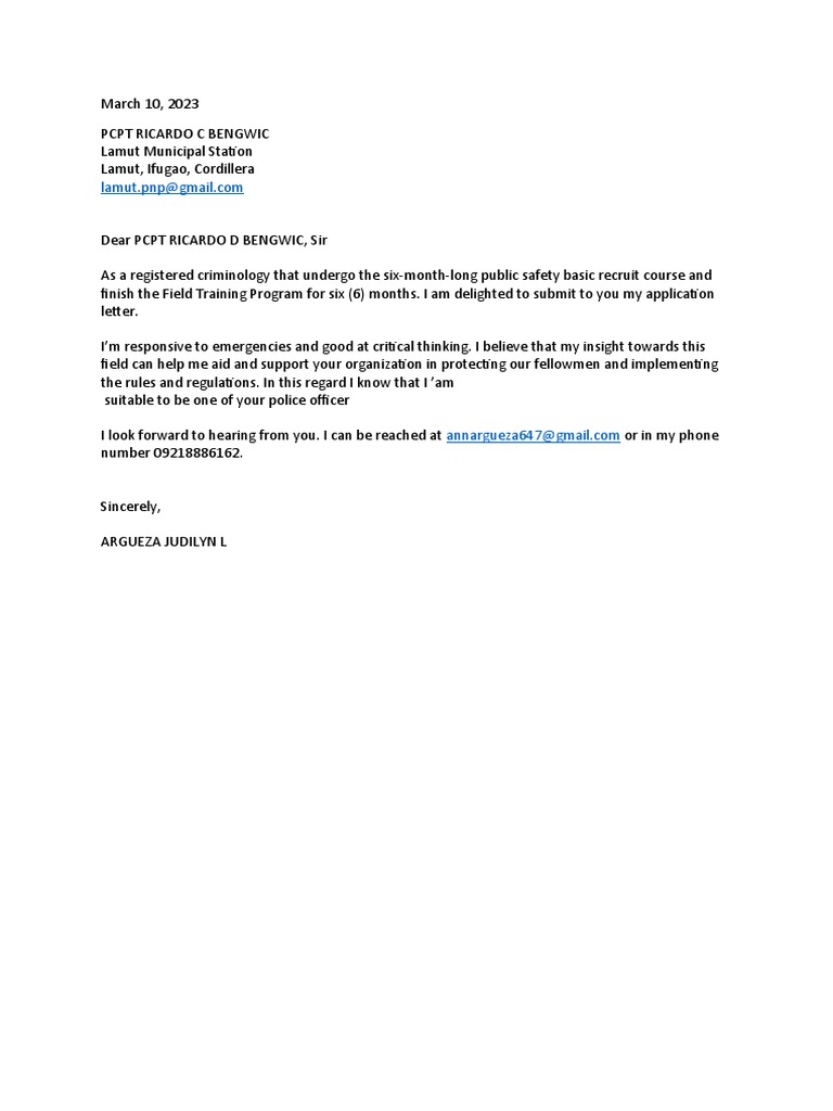 Aspiring Police Officers Submit Application Letters Seeking Employment ...