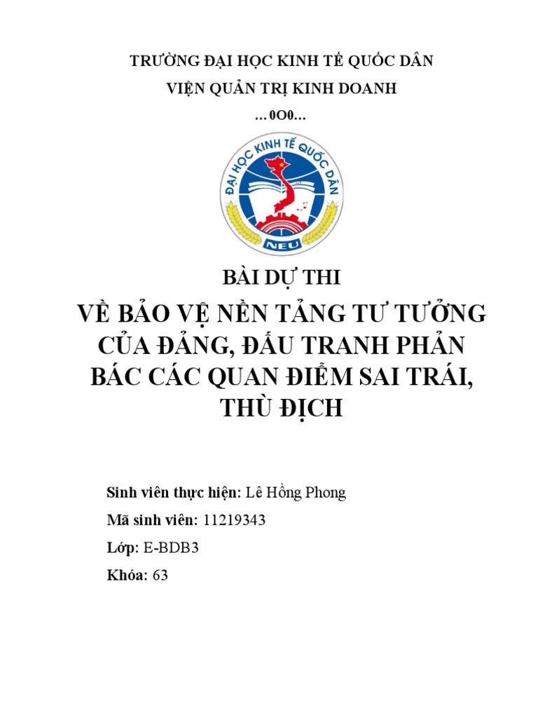 Bài Dự Thi Bảo Vệ Nền Tảng Tư Tưởng Của Đảng 2023 - LHP | PDF