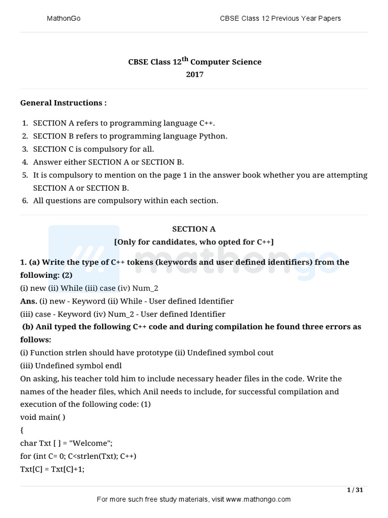 Computer Science Class 12 Cbse Previous Year Question Paper 2017 | PDF ...