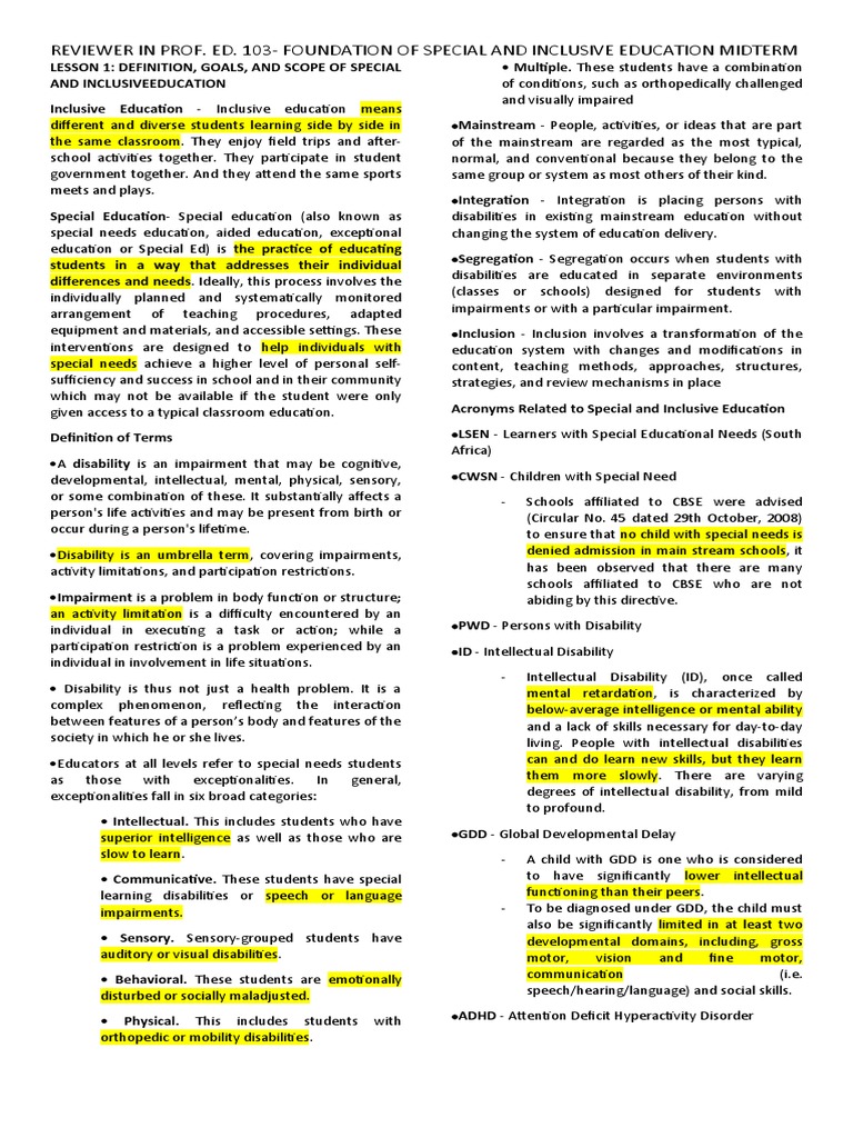 FSIE Midterm Exam Reviewer Guide | PDF | Special Education | Inclusion ...