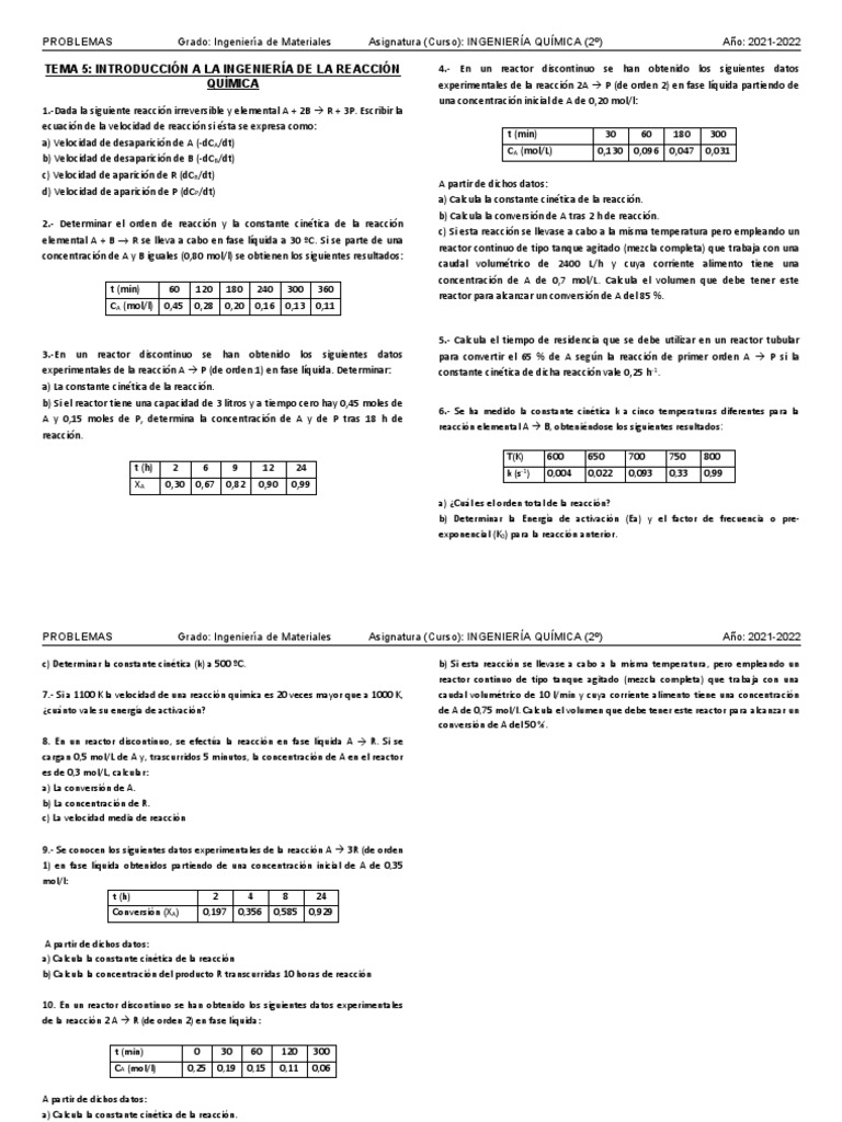 Problemas Tema 5 - IRQ 2021-2022 | PDF | Cinética química | Reactor Quimico