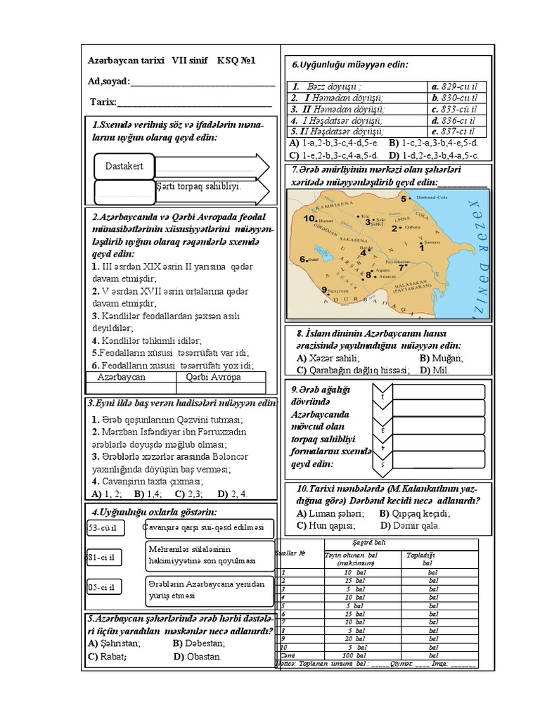Azərbaycan Tarixi VII Sinif KSQ 1 | PDF