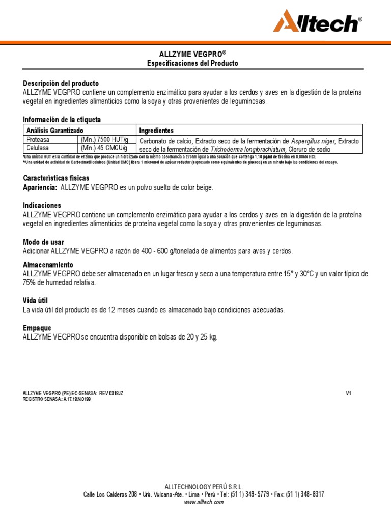 PSS - ALLZYME VEGRO Polvo (PE) PE X 500gr | PDF | Enzima | Proteínas