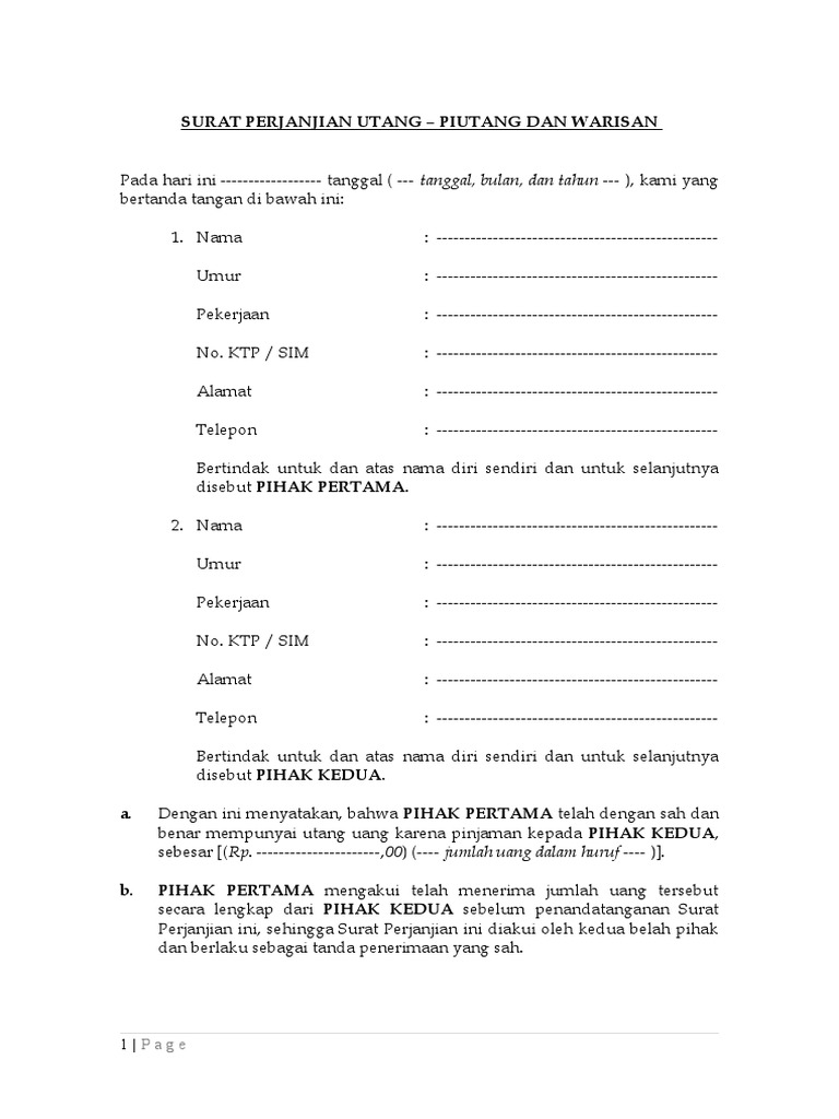 Contoh Surat Perjanjian Utang Piutang | PDF