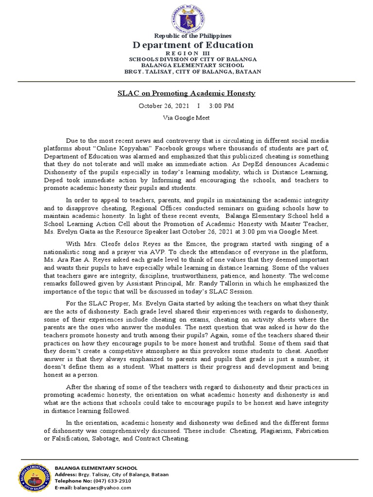 Narrative Report On SLAC On Academic Honesty (October 26, 2021) | PDF ...