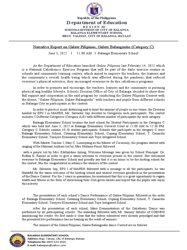 Narrative Report On Galaw Pilipinas Category C Contest | PDF