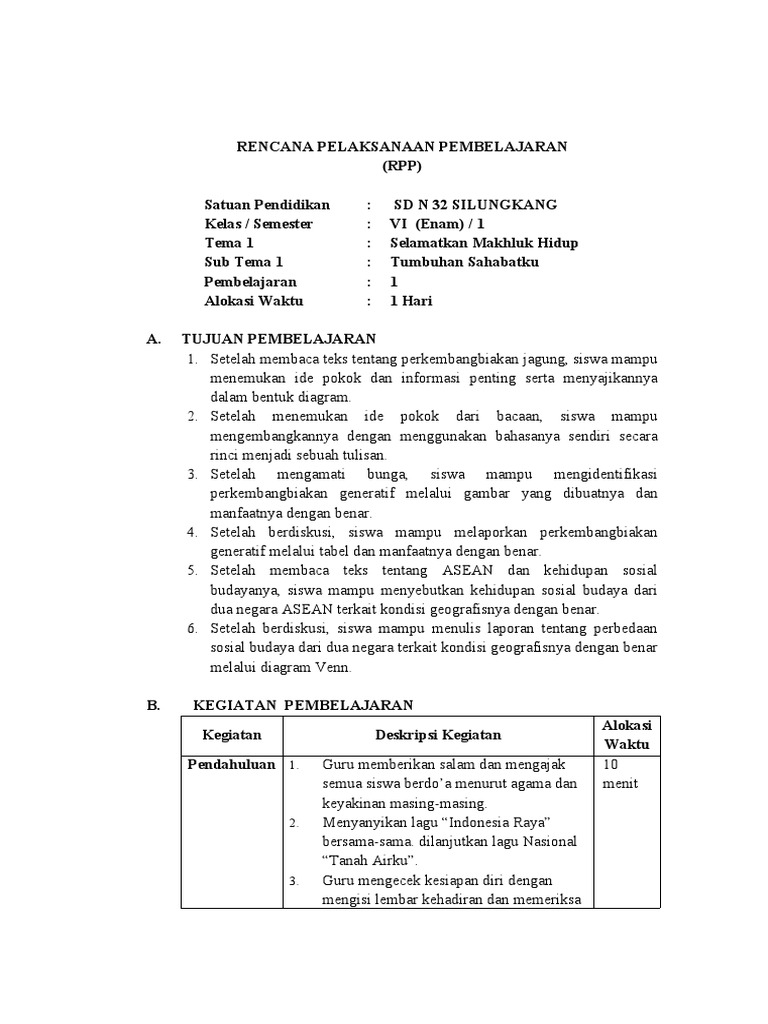 RPP Tema 1 Kls 6 | PDF