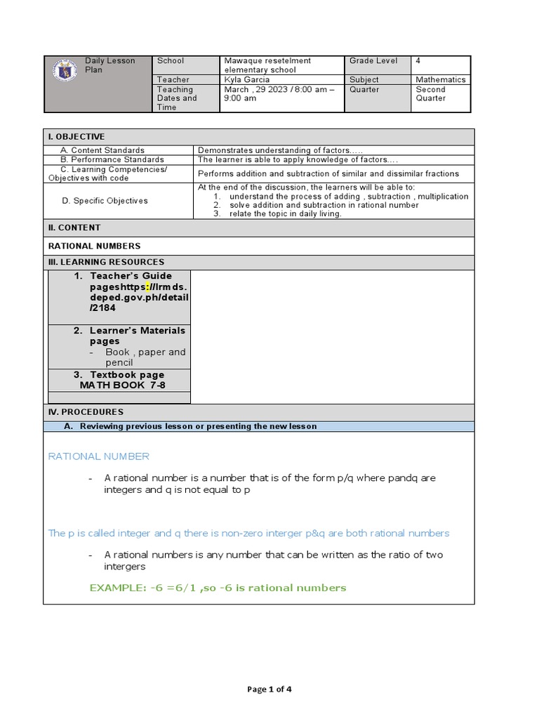 Lesson Plan 1 | PDF | Rational Number | Integer
