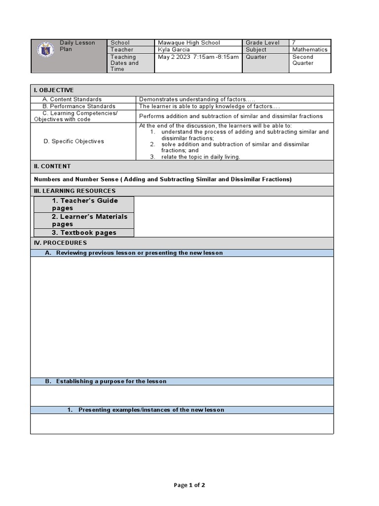 Mawaque Grade 7 Math Lesson on Adding and Subtracting Fractions | PDF ...