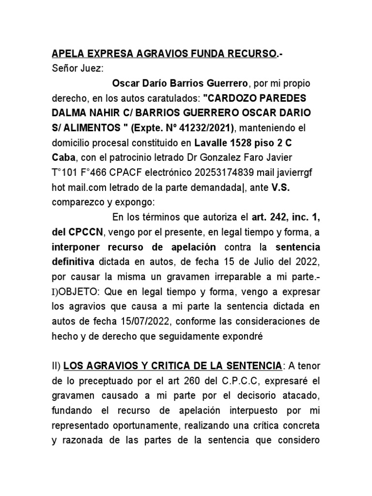 Apela Expresa Agravios Funda Recurso | PDF | Sentencia (ley) | Apelación