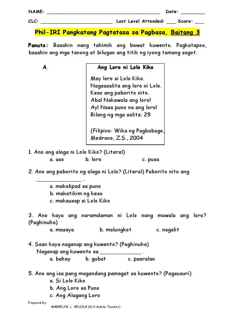 Pre-Test Phil-Iri Reading | PDF