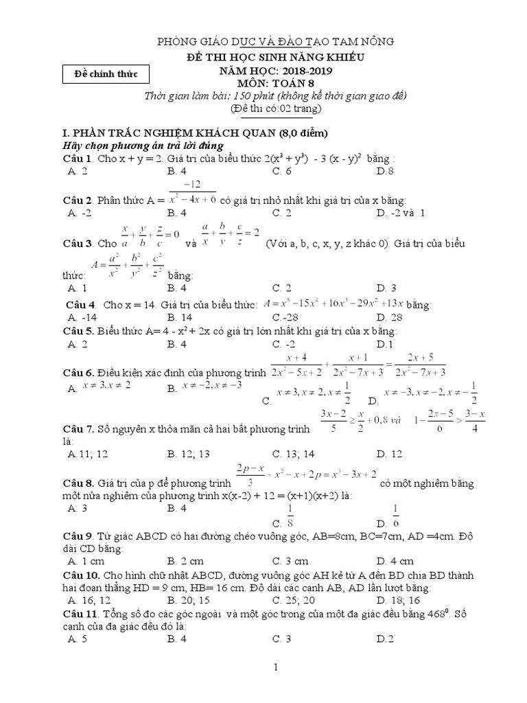 Đề Thi HSNK Toán 8 Năm Học 2018-2019 | PDF