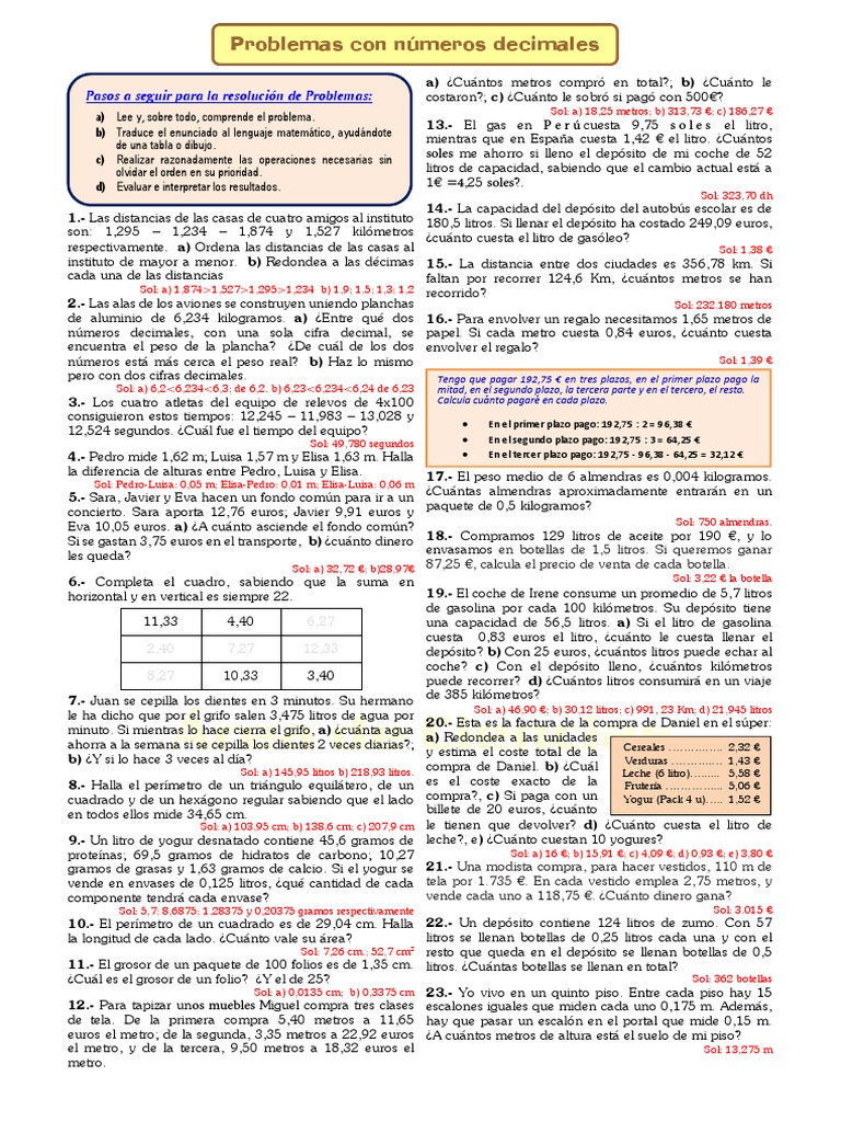 Guía de Problemas Con Números Decimales | PDF