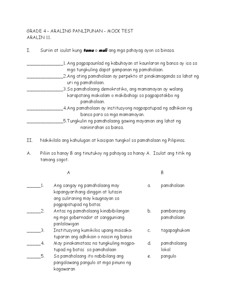 Grade 4 - Araling Panlipunan Quarter 3 Mock Test | PDF