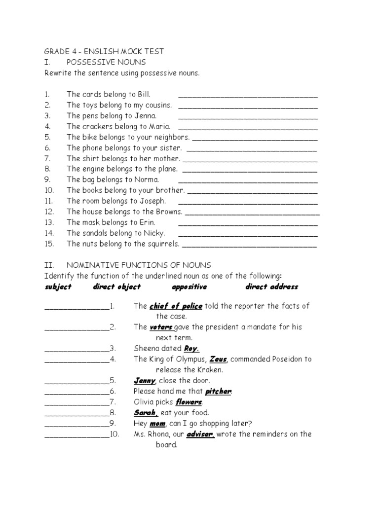 Grade 4 - English Mock Test | PDF
