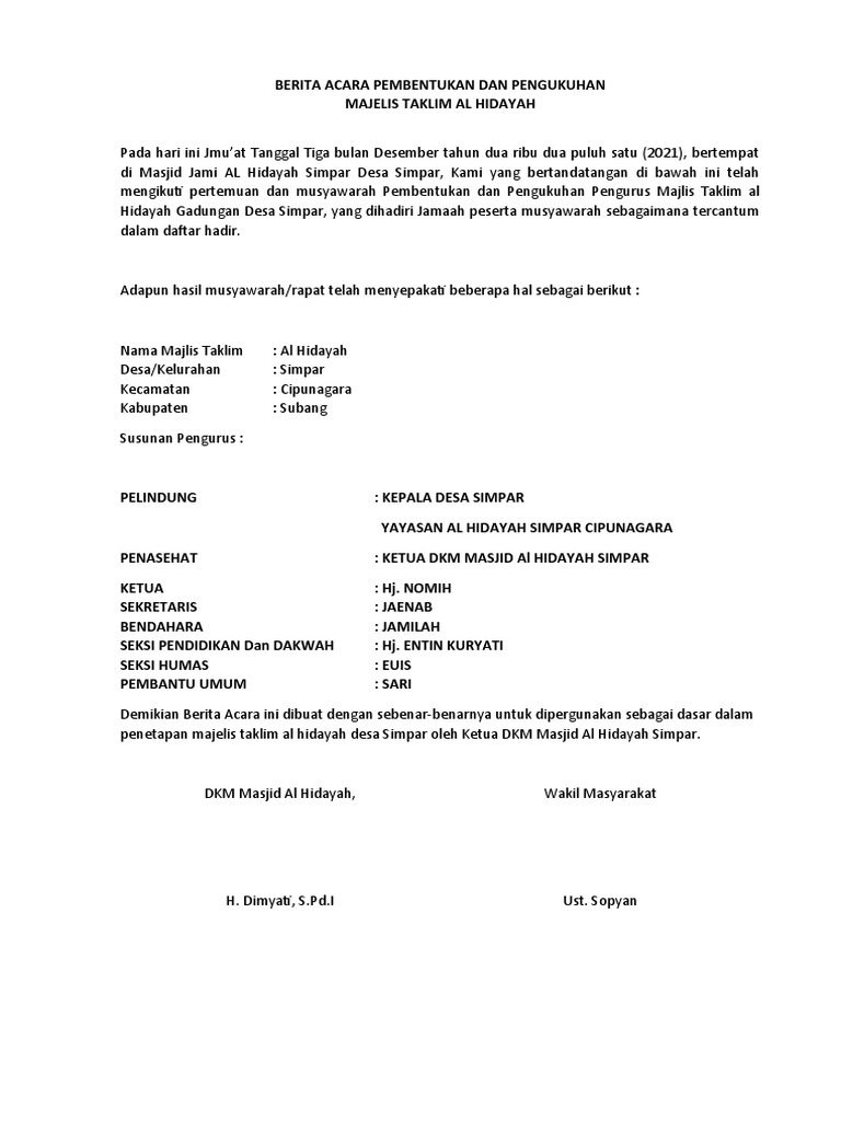 Berita Acara Pembentukan Majelis Taklim | PDF