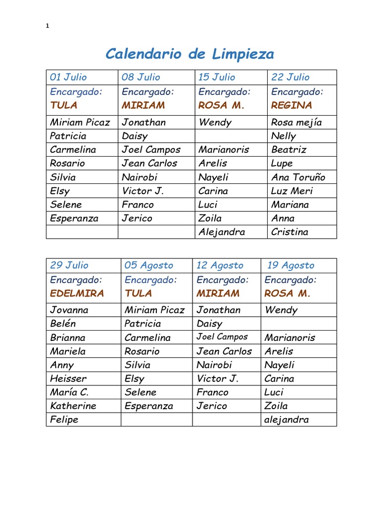 Calendario Limpieza | PDF