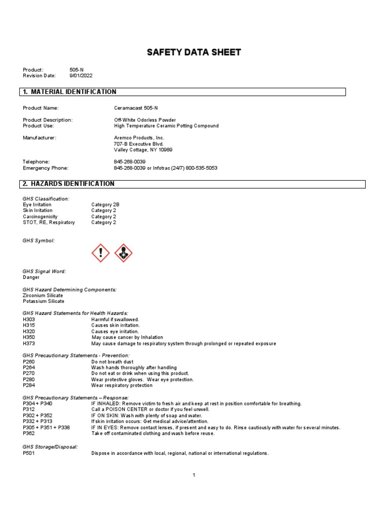 Safety Data Sheet: 1. Material Identification | PDF | Workplace ...