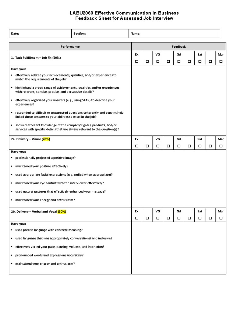 Assessment Feedback Form for an Interview Performance Evaluation | PDF