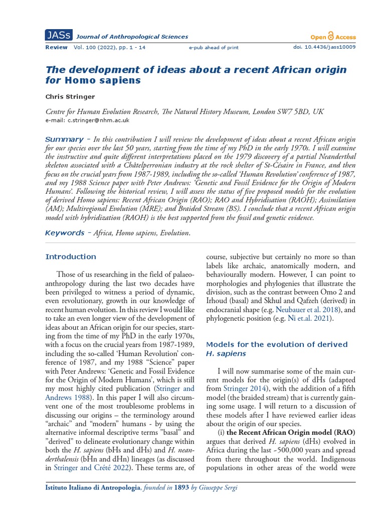 (2022 Article) Chris Stringer - The Development of Ideas About A Recent African Origin | PDF