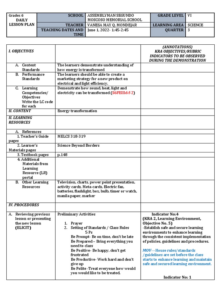 COT FOR TEACHER 1 3 SAMPLE WITH ANNOTATIONS Final | PDF | Learning ...