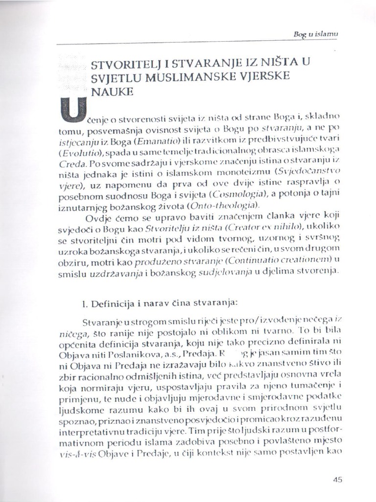 Resid Hafizovic Stvoritelj I Stvaranje Iz Nista U Svjetlu Muslimanske Vjerske Nauke | PDF