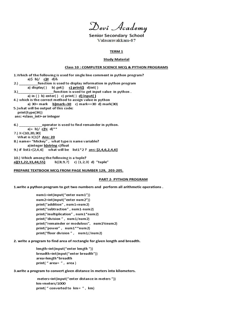Class 10 Computer Science MCQ and Programs | PDF | Python (Programming ...