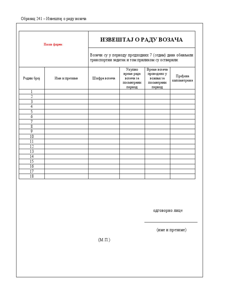 Obrazac 241 - Izvestaj o Radu Vozaca | PDF