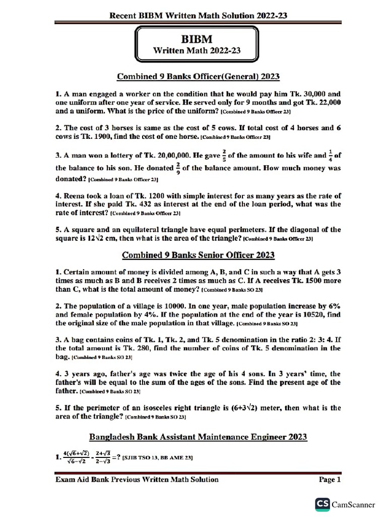 Recent BIBM Written Math Solution | PDF