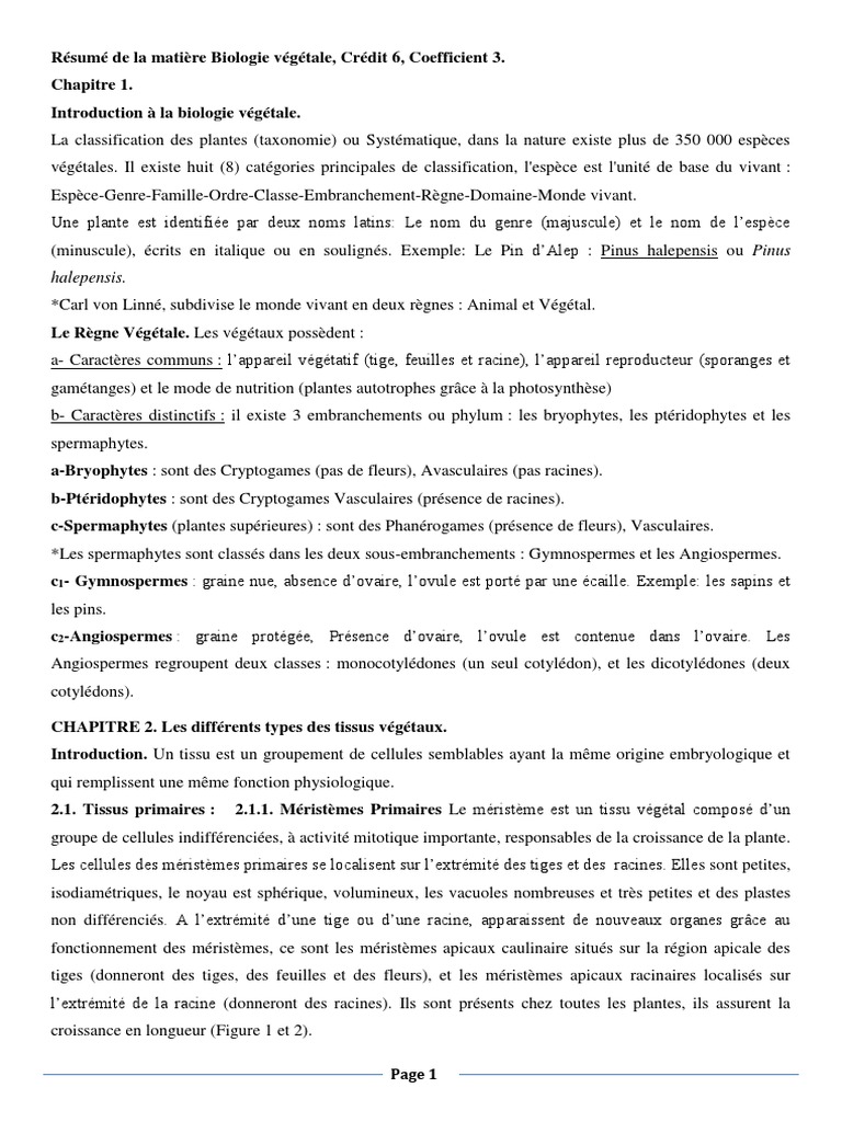 Résumé1 Biologie Végétale SVI2 STU2 | PDF | Tige (Plante) | Fruit