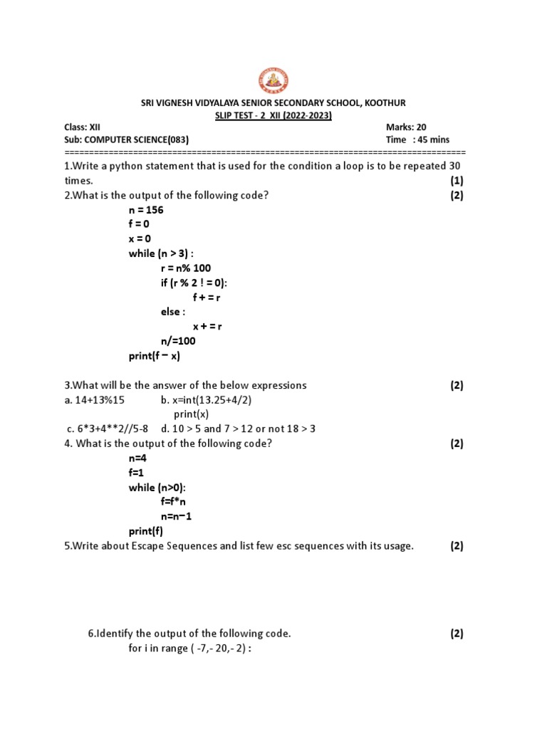 Slip Test 12 QP | PDF | Control Flow | Computer Programming