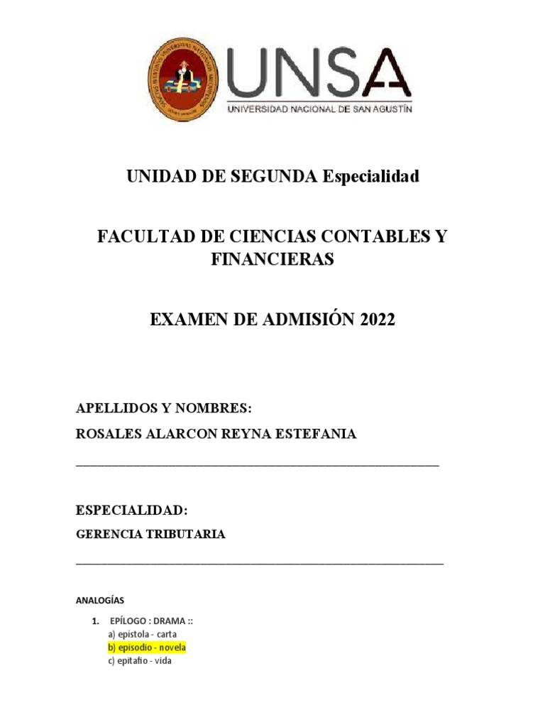 Examen Unsa - Especializacion | PDF | Perú