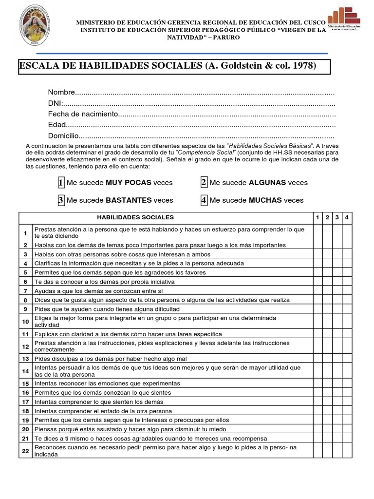 Escala de Habilidades Sociales (A. Goldstein & Col. 1978) | PDF