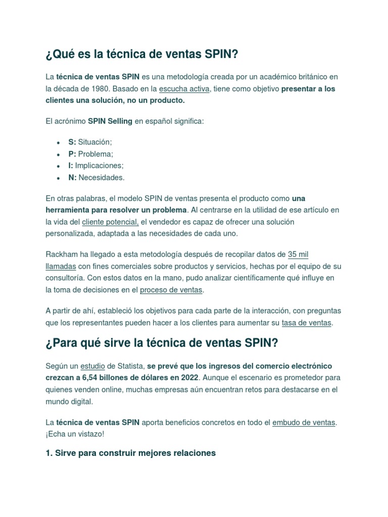 Tecnicas De Venta Spin Pdf Marketing Cliente