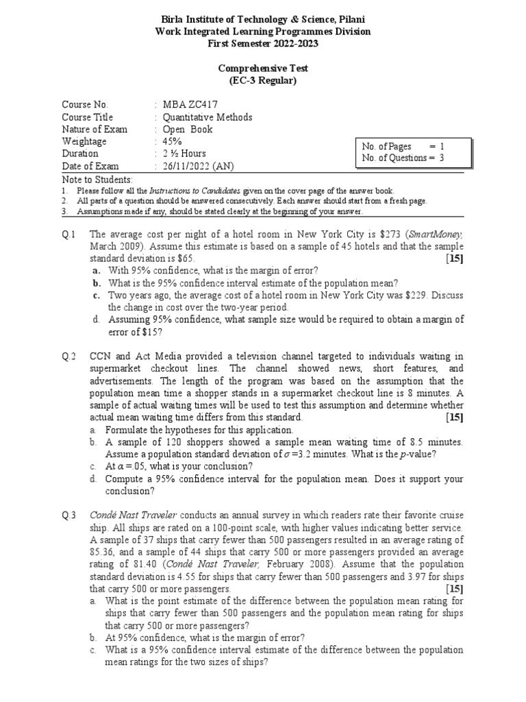 MBA Quantitative Methods Exam | PDF | Standard Deviation | Confidence ...